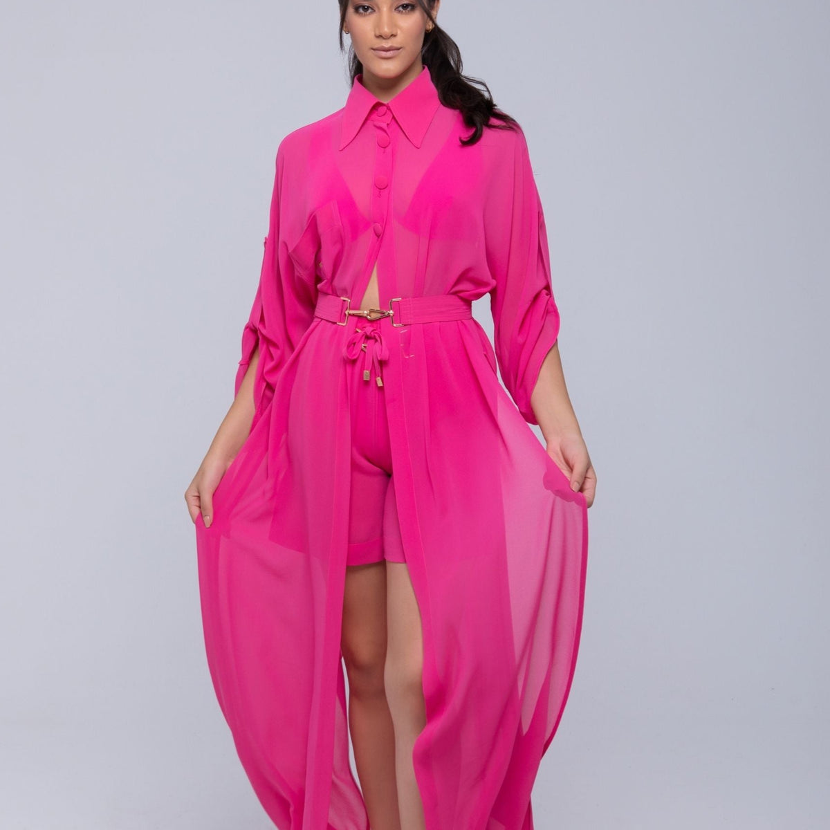 Sheer Maxi Shirt – Lightweight Summer Layer with Belt & Scarf – Fierce ...